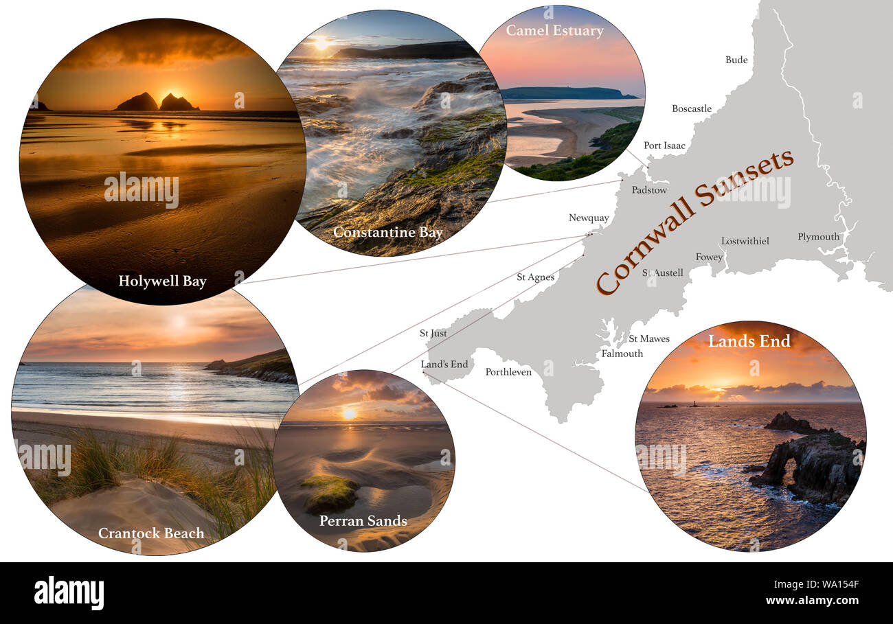 Map of Cornwall, featuring photographic images of Cornish Sunsets at ...
