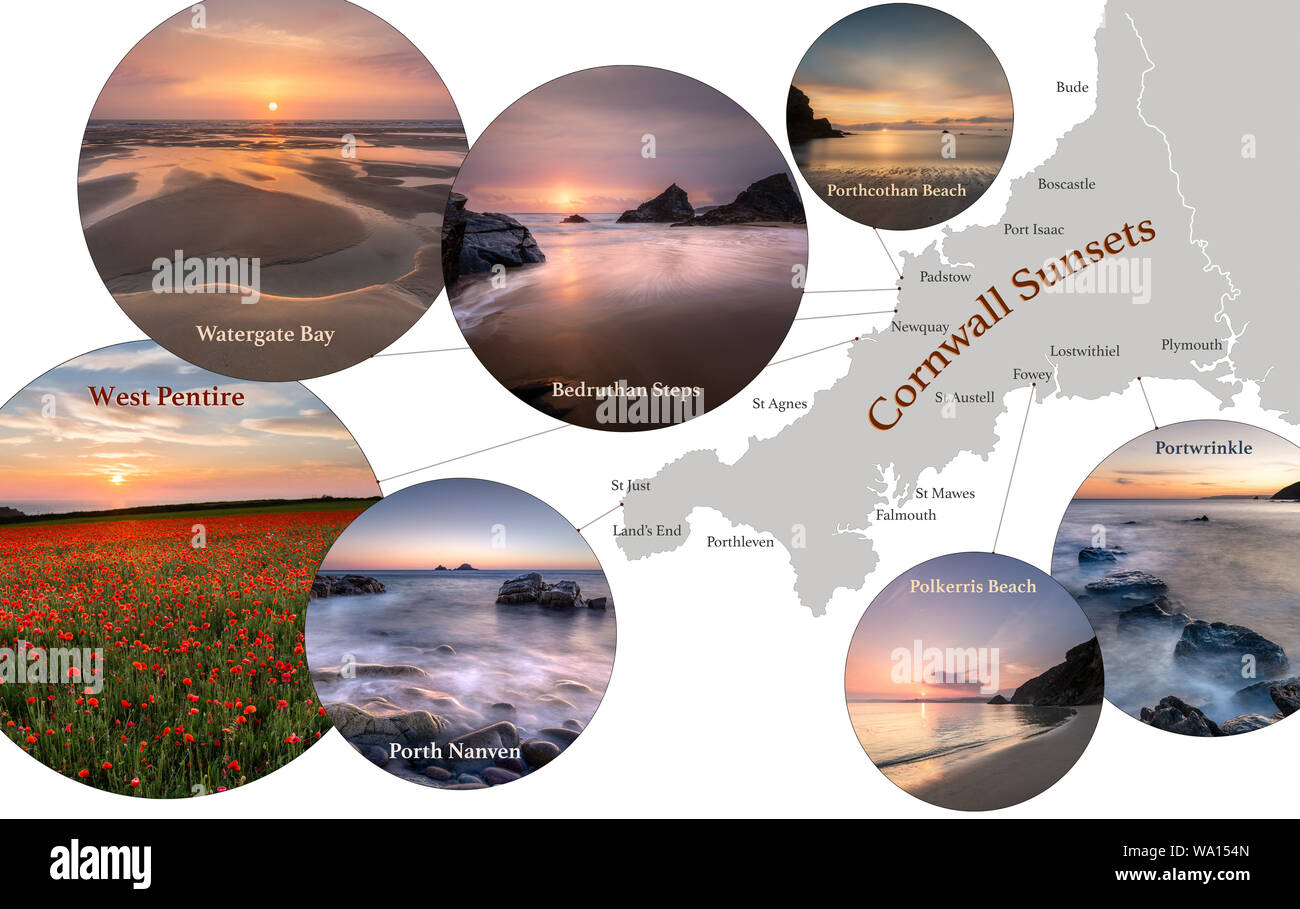 Map of Cornwall, featuring photographic images of Cornish Sunsets at ...