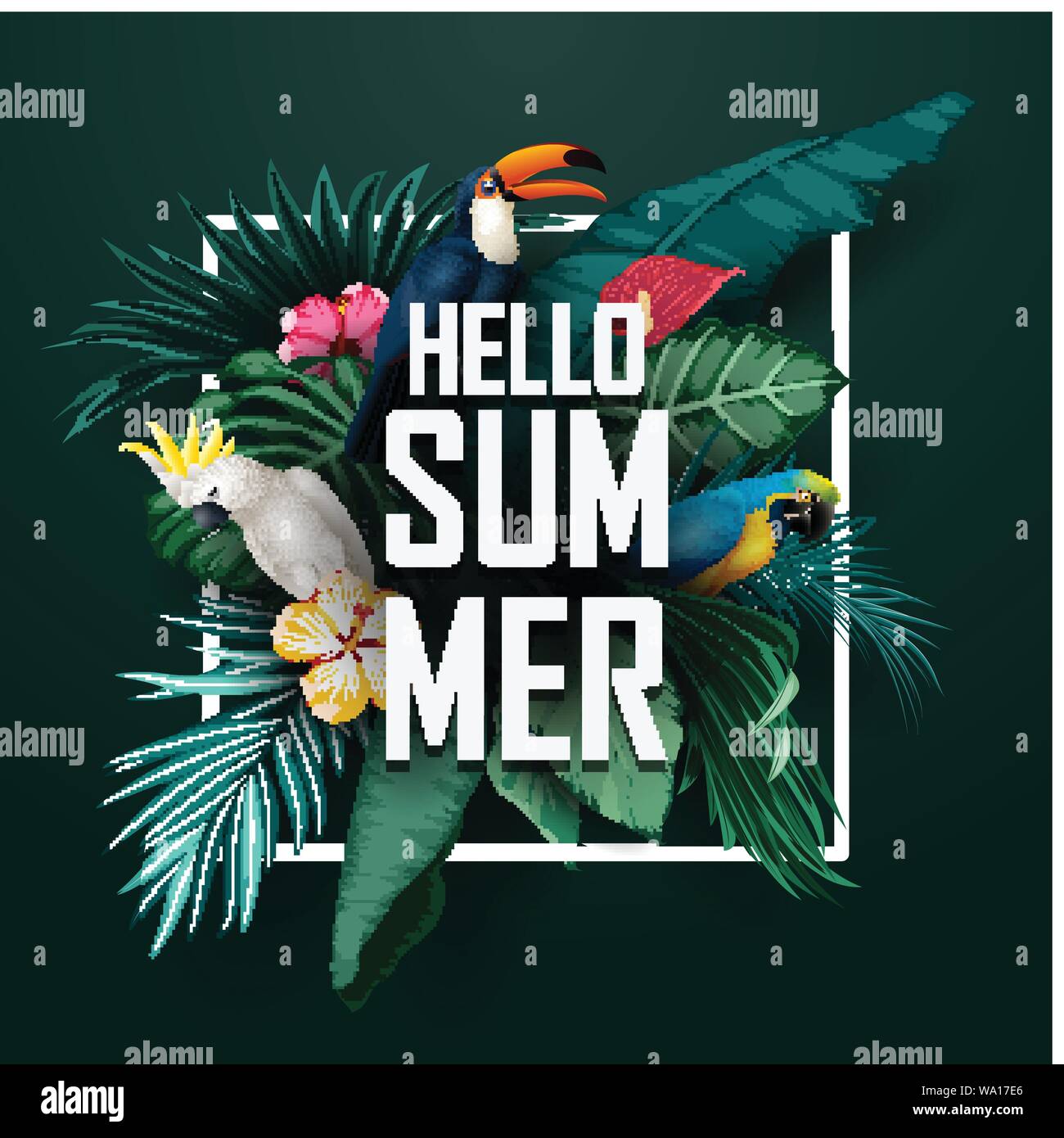 Hello Summer with Birds collection and tropical plants background Stock ...