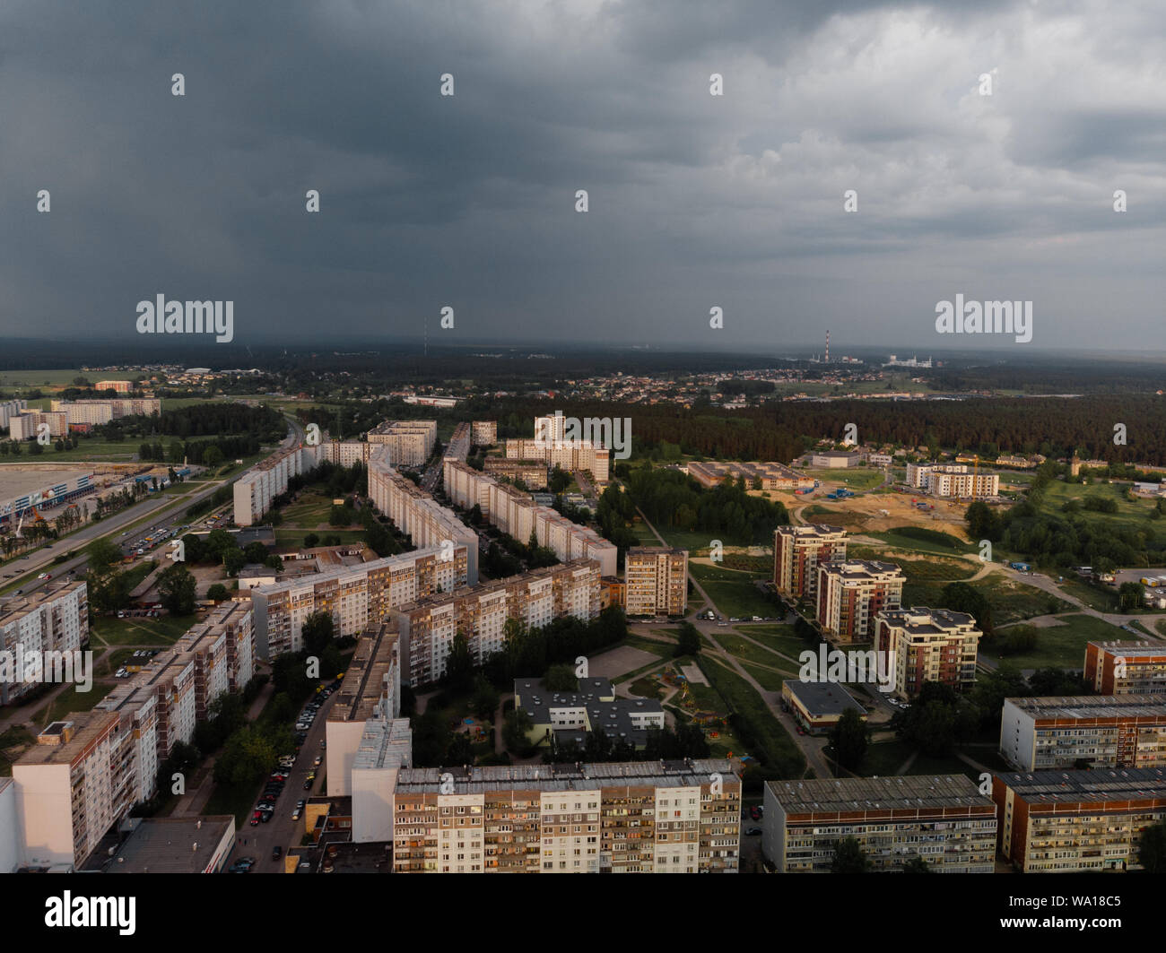Aerial top view shots of Zepniekkalns district in Riga city with soviet ...