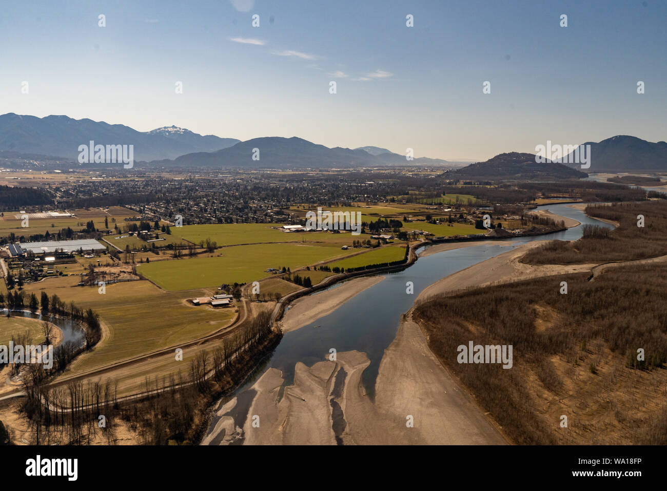 Aerial view of the Fraser River Valley and the rural area of Chilliwack ...