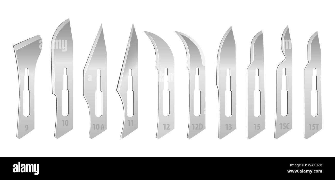 Set of interchangeable blades for a surgical scalpel. Standard set of ...