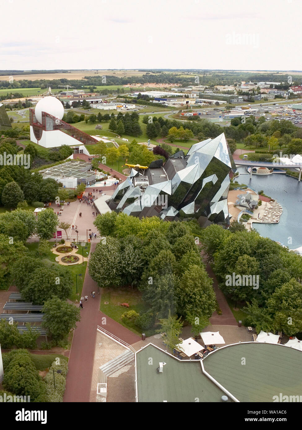 Aerial view of Futuroscope from the Gyrotour, showing the Kinemax and ...
