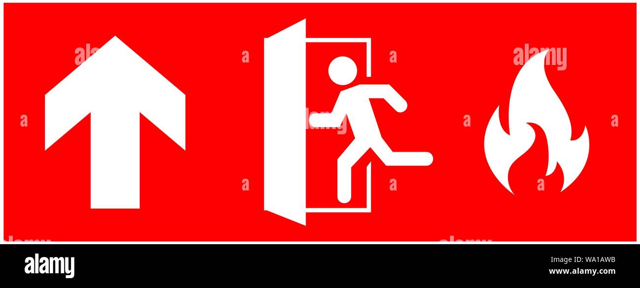 emergency fire exit sign. running man icon to door. Red color. arrow ...