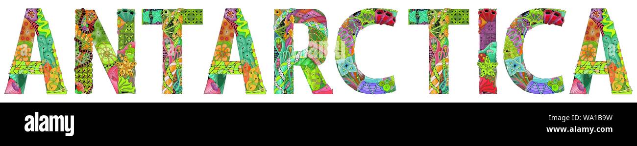 Hand-painted art design. Hand drawn illustration word Antarctica for t ...