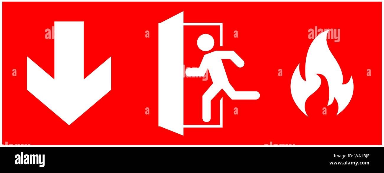 emergency fire exit sign. running man icon to door. Red color. arrow ...
