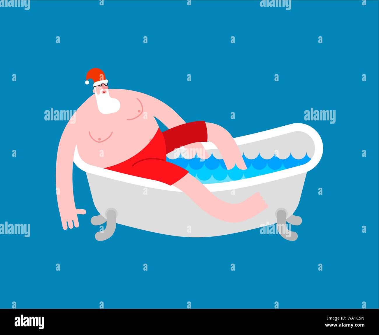 Santa in bath. Klaus is relaxing in bathtub. New year and christmas ...