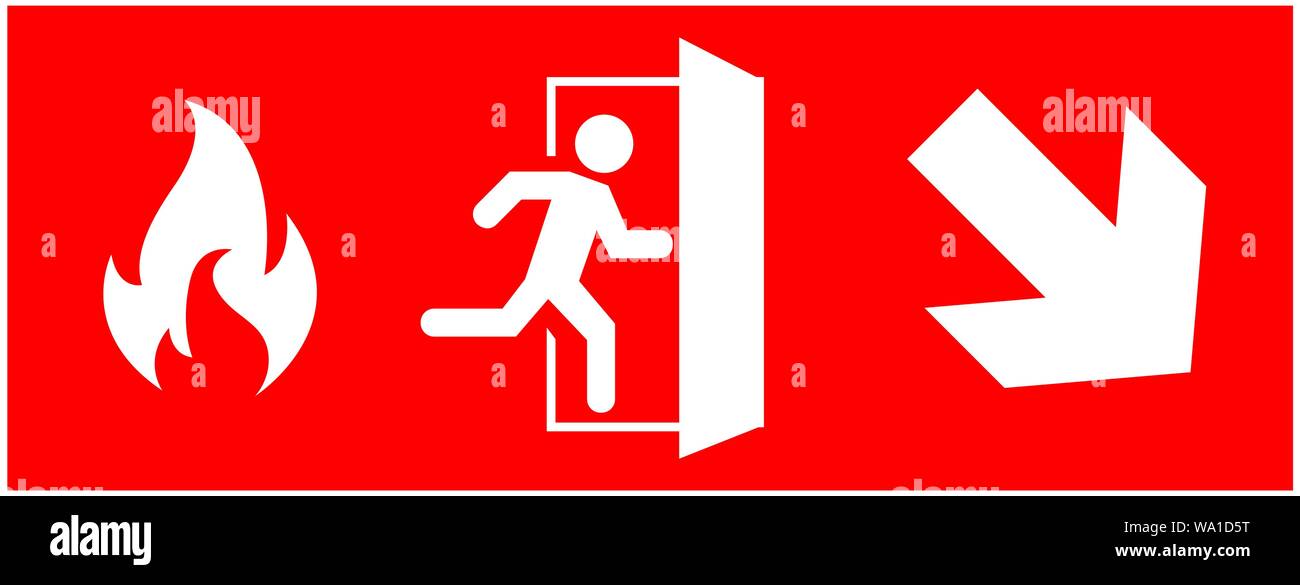emergency fire exit sign. running man icon to door. Red color. arrow ...