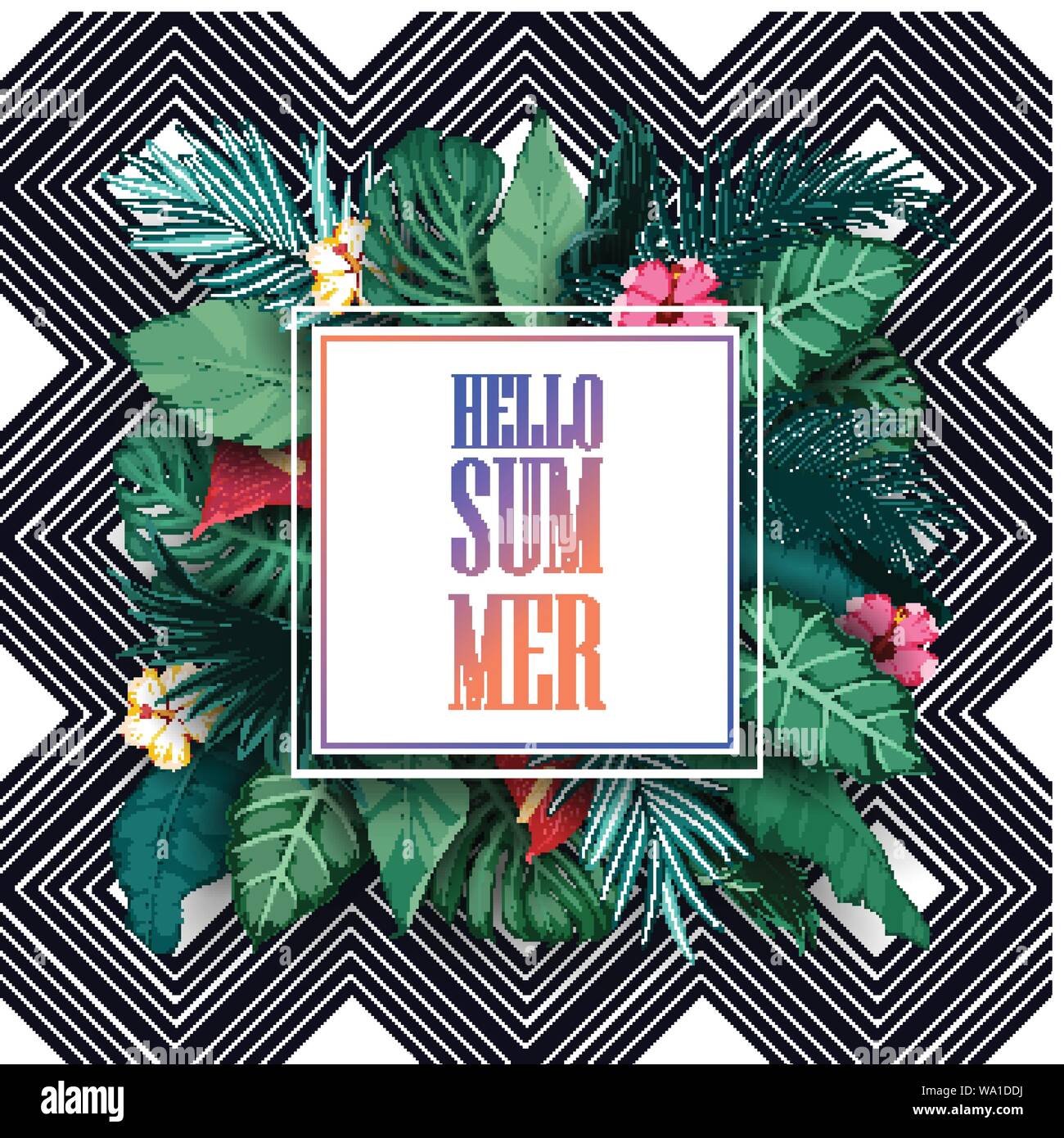 Green summer with tropical leaves and flowers on pattern striped ...