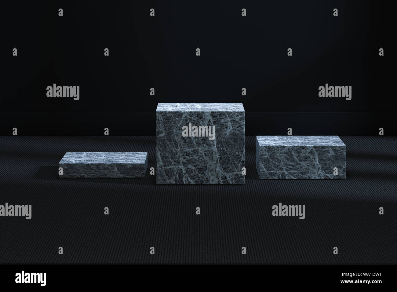 The marble cubic platform in the dark room, 3d rendering. Computer ...
