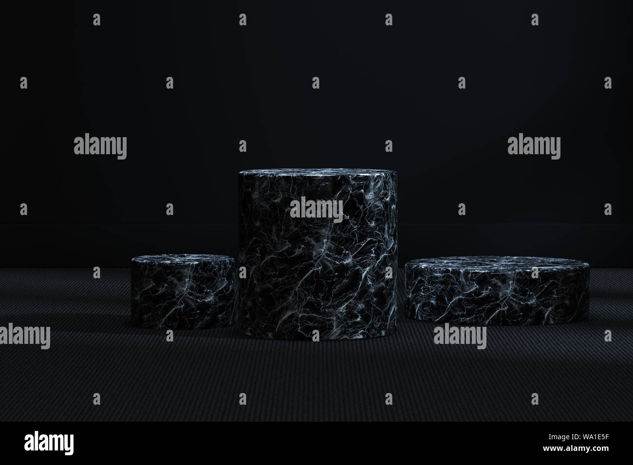 The marble cylinder platform in the dark room, 3d rendering. Computer ...