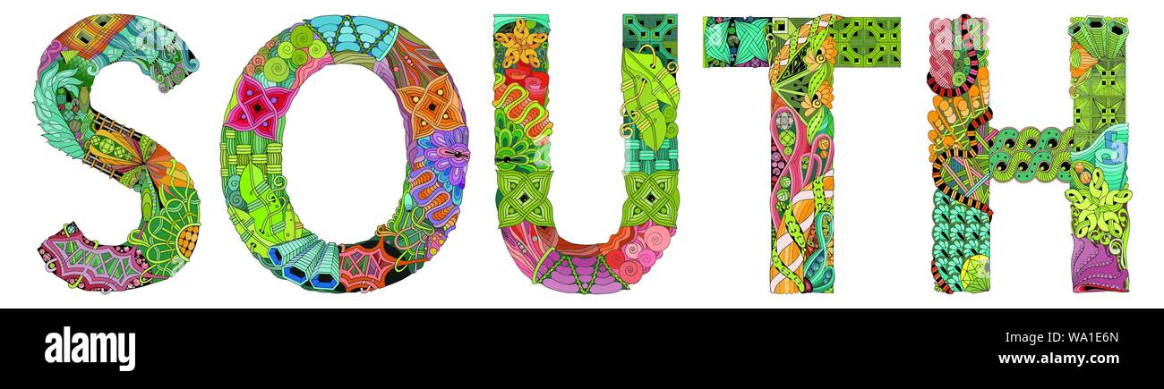 Hand-painted art design. Hand drawn illustration word South for t-shirt ...