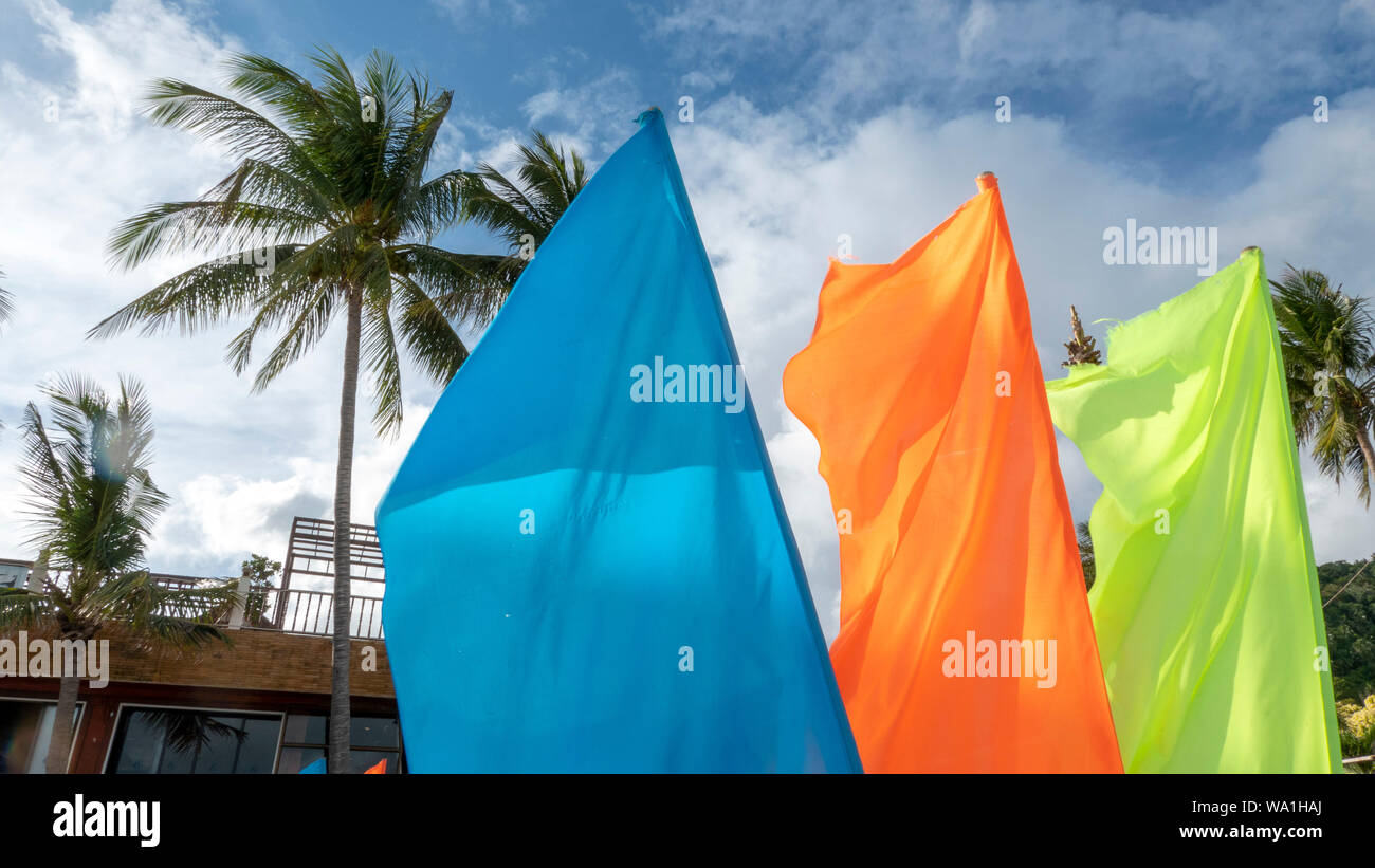 Coloured resort flags Sunrise Beach Ko Pha Ngan Thailand Stock Photo ...