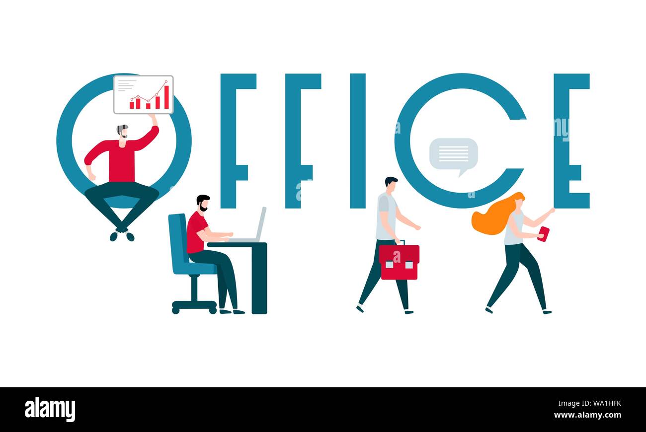 Vector illustration with office inscription and working people ...