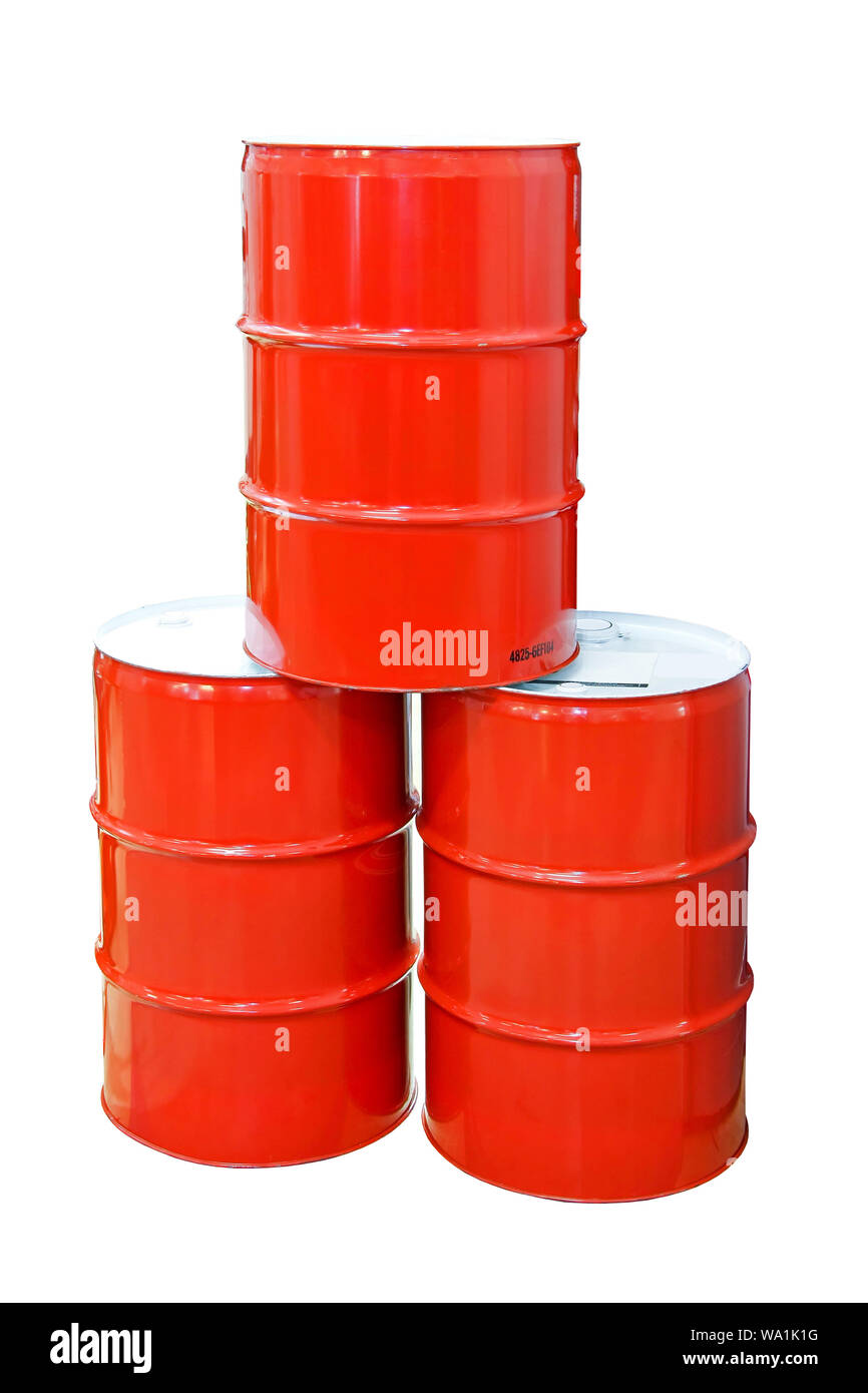 Three red barrels isolated included clipping path Stock Photo - Alamy