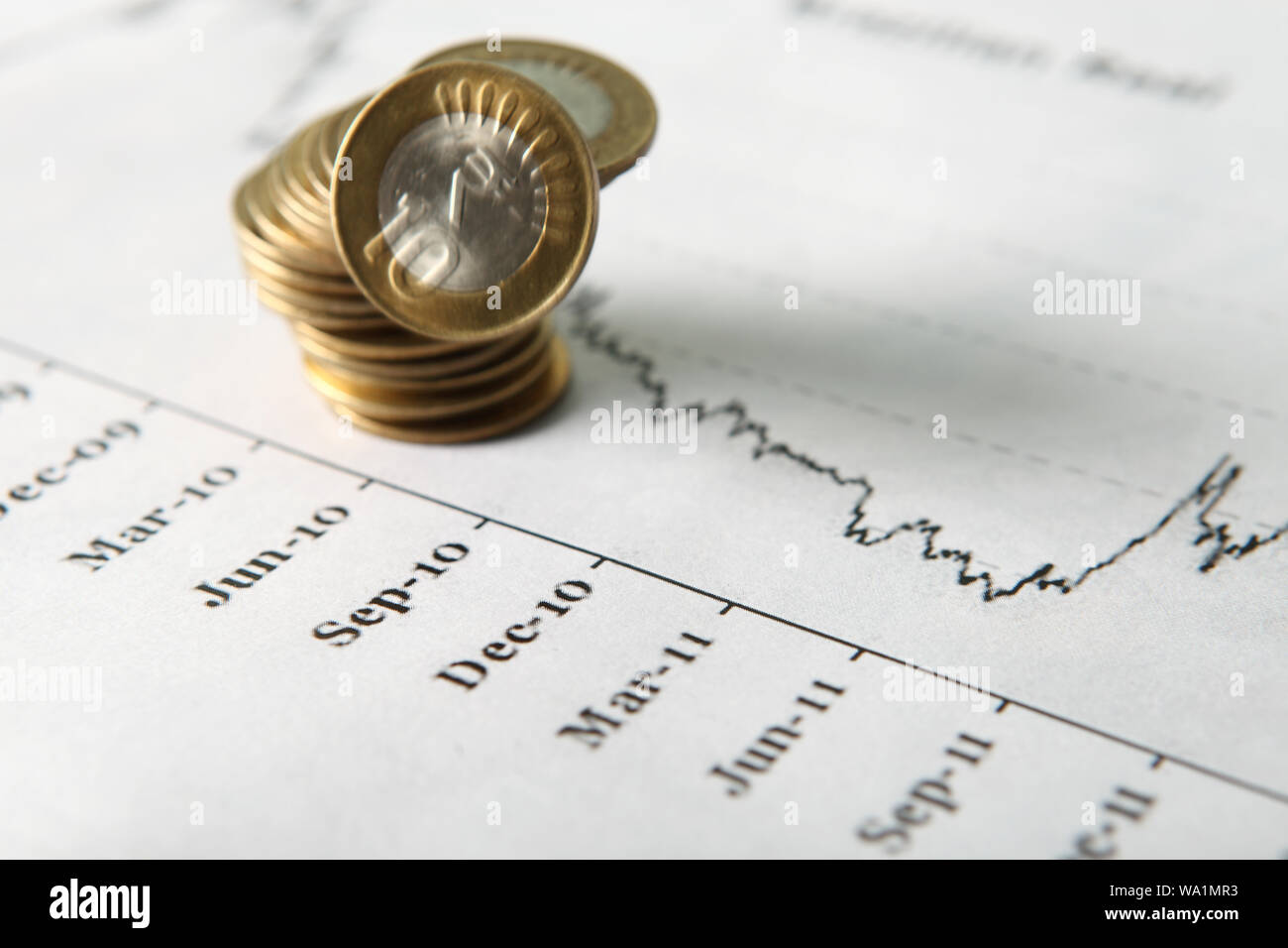 Line graph with coins representing loss Stock Photo - Alamy