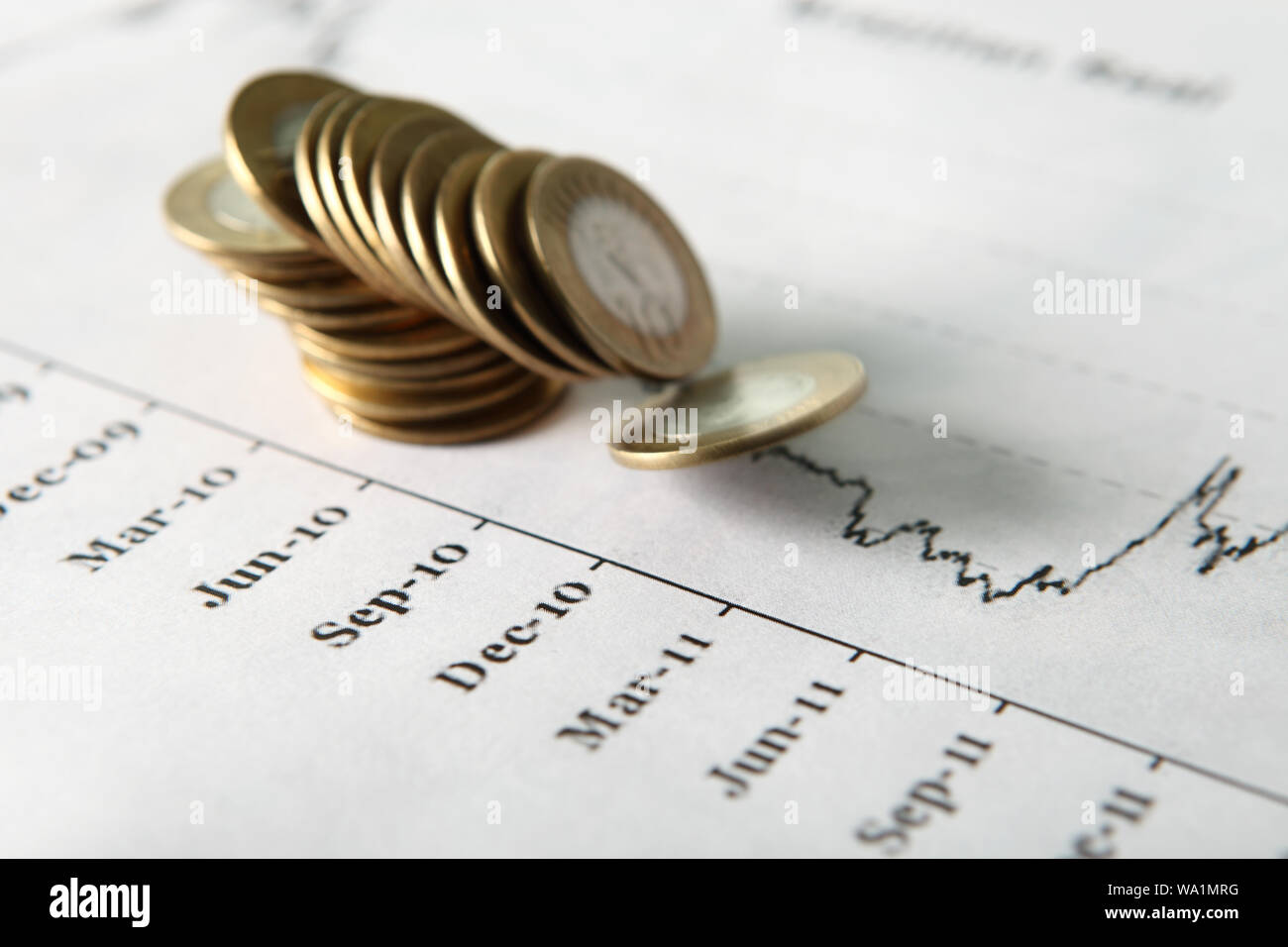 Line graph with coins representing loss Stock Photo - Alamy