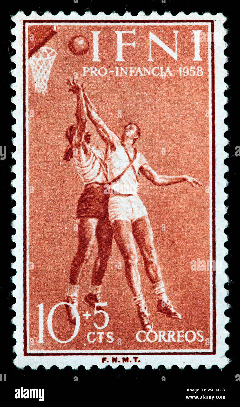 Basketball, postage stamp, Spain, IFNI, 1958 Stock Photo - Alamy