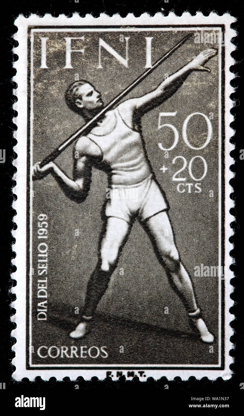 Javelin throw, postage stamp, Spain, IFNI, 1959 Stock Photo - Alamy