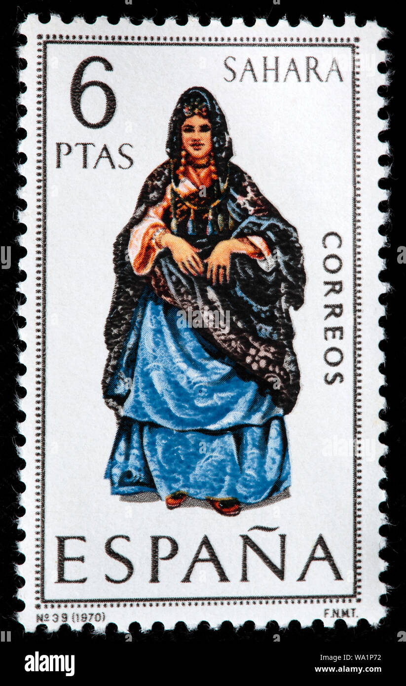 Sahara, woman in traditional fashioned regional costume, postage stamp ...