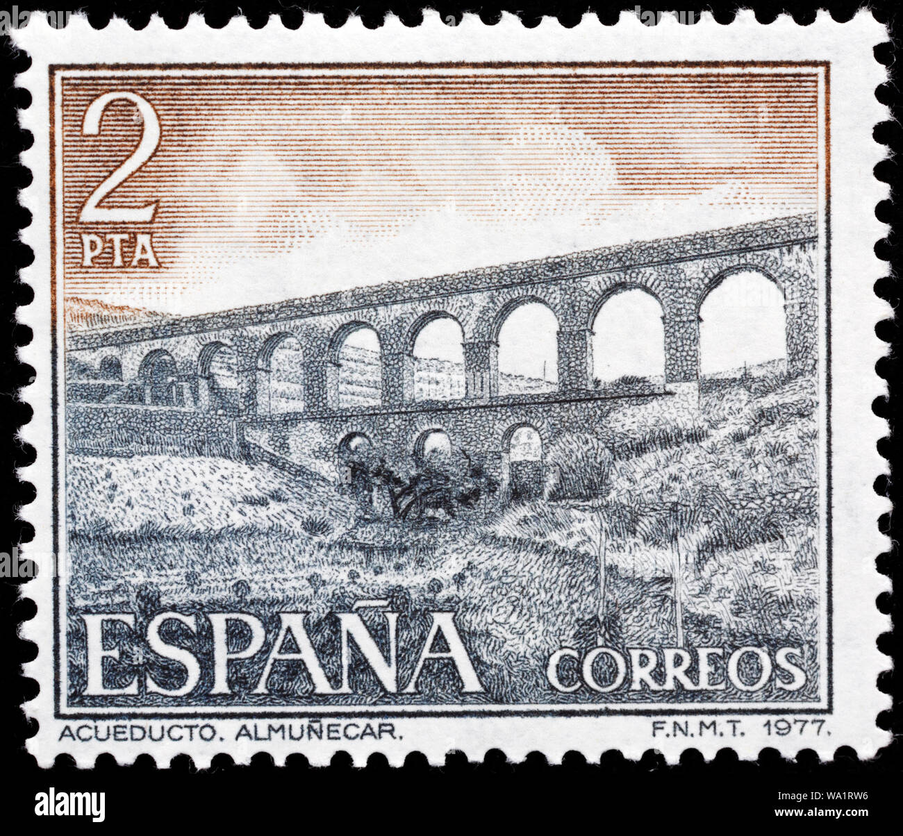 Roman aqueduct, Seco River, Almunecar, Granada, Andalusia, postage ...