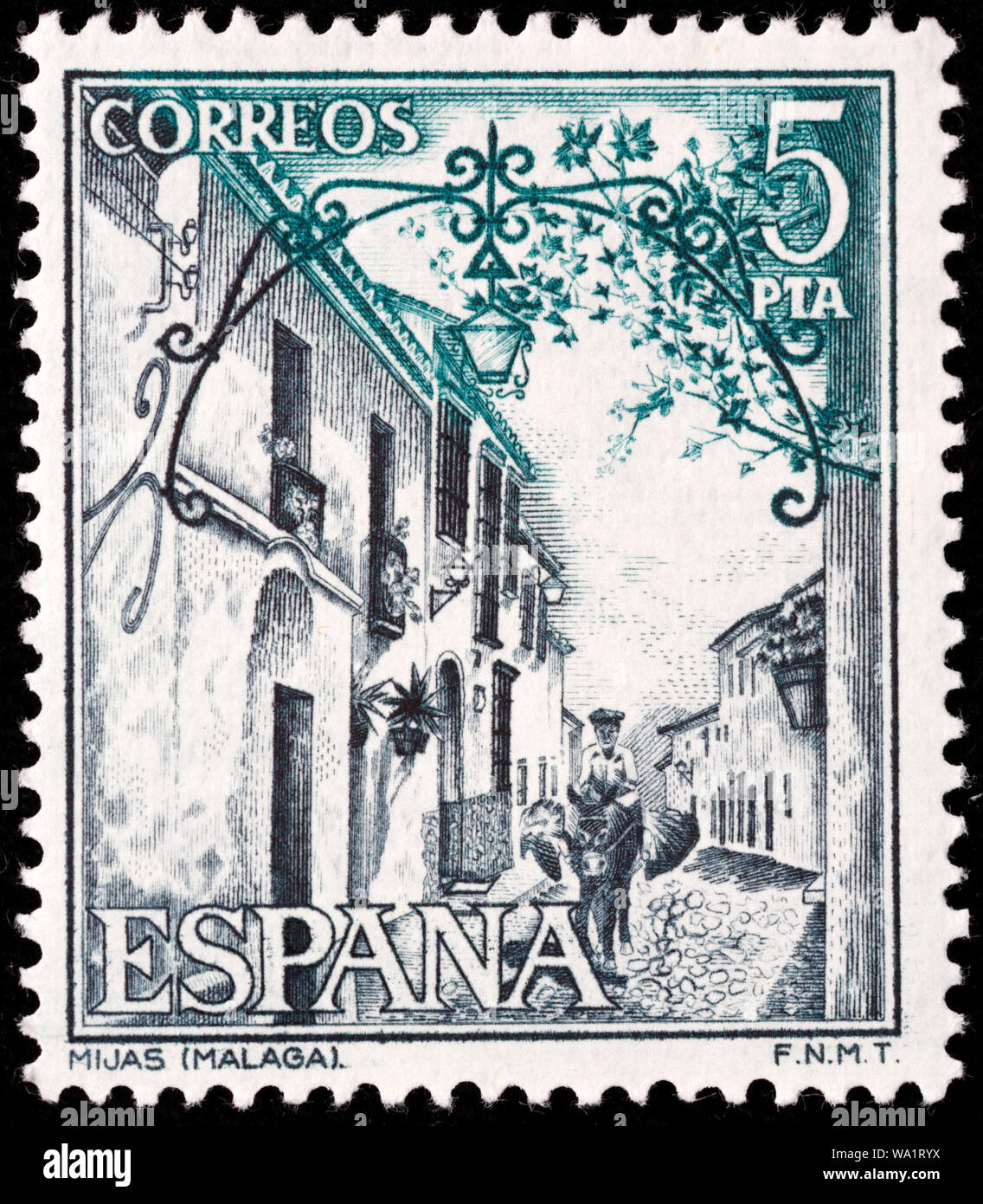 Street in old town, Mijas, Malaga, Andalusia, postage stamp, Spain ...