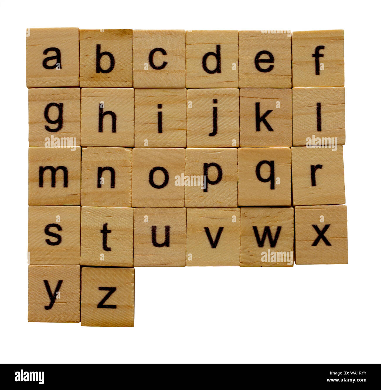 Alphabet letters( a-z )on wooden scrabble pieces, isolated on white ...