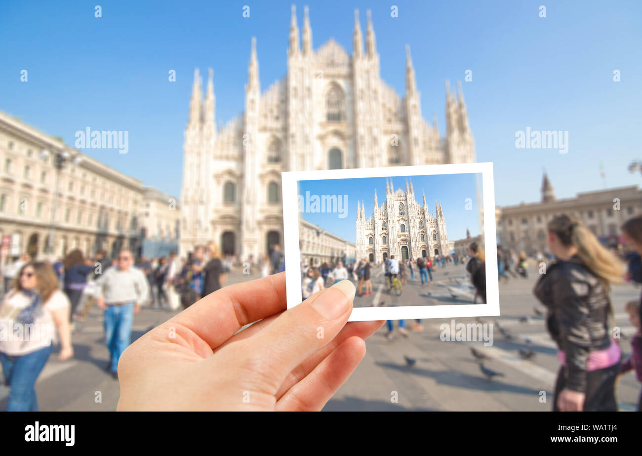 Hand holding Instant photo in Europe Milan Cathedral, Duomo di Milano ...