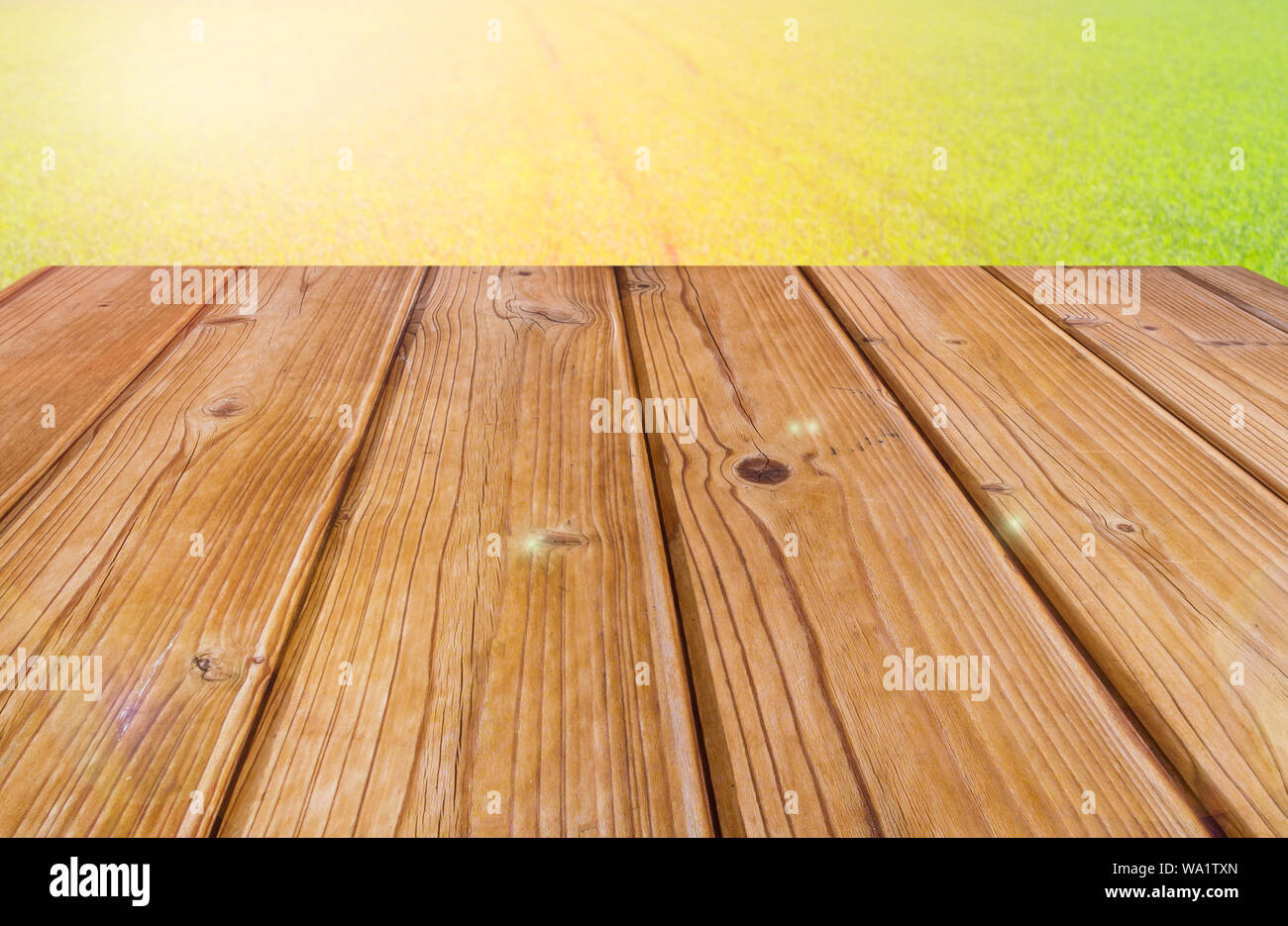 Empty wooden table, wooden floor beside on rice fields in the evening ...