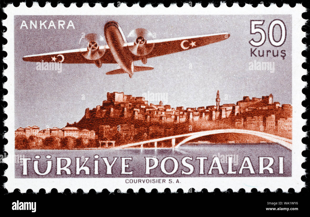 Vickers VC.1 Viking airplane over Ankara, postage stamp, Turkey, 1949 ...
