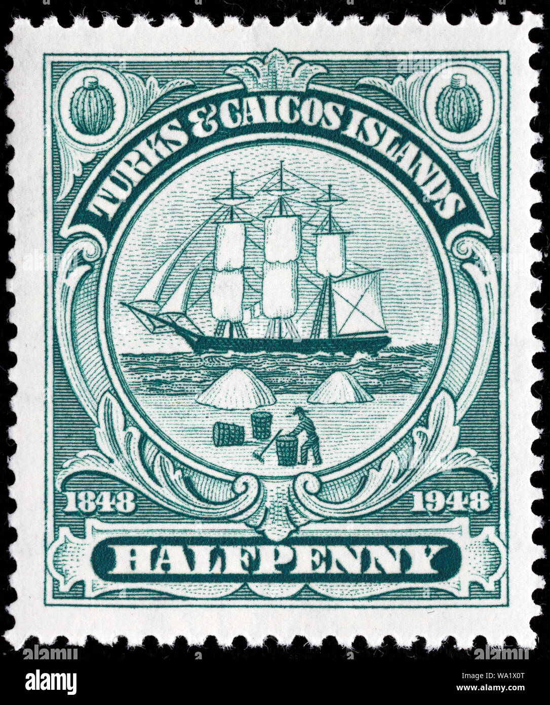 Sailing ship, postage stamp, Turks and Caicos Islands, 1948 Stock Photo ...