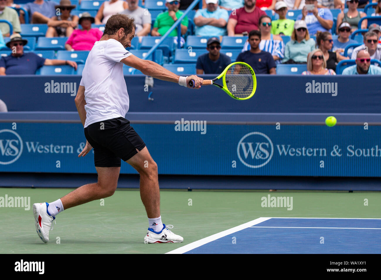Mason, Ohio, USA. 16th Aug, 2019. Richard Gasquet (FRA) hits a backhand ...