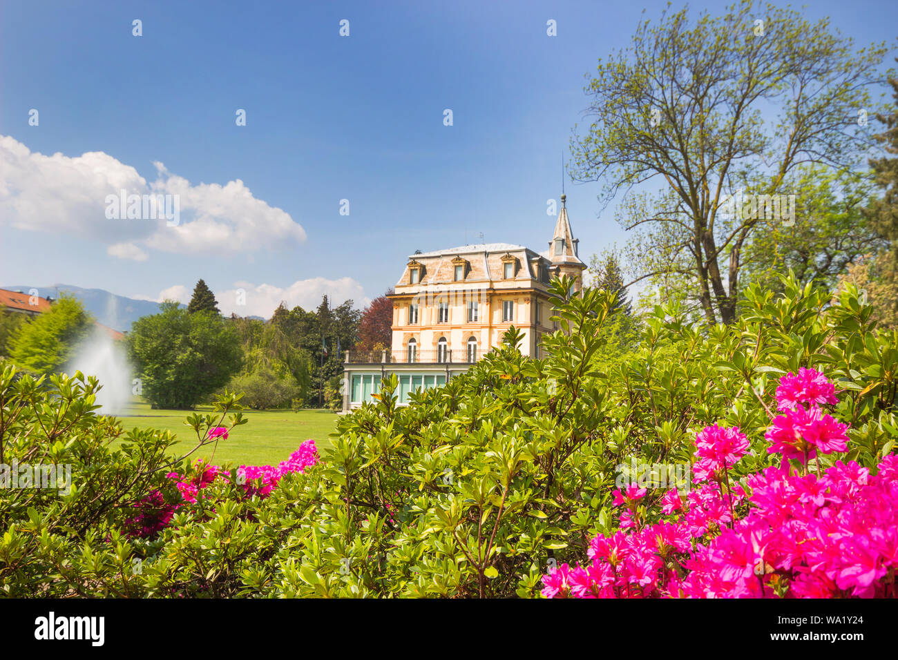 spring landscape with pink flowers and beautiful villa house with ...