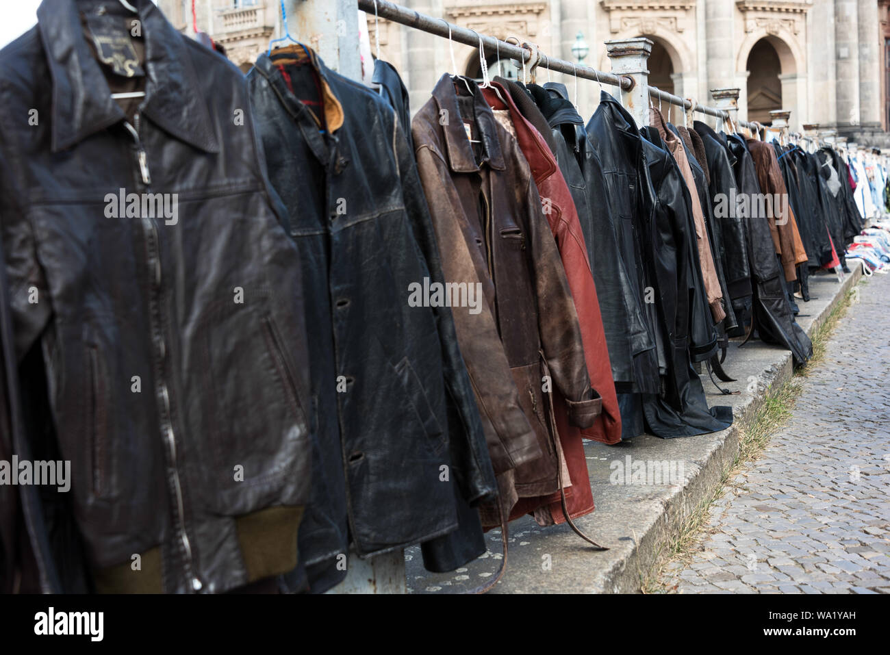 Leather jackets hung from a bridge railing, Antique and Book Market ...