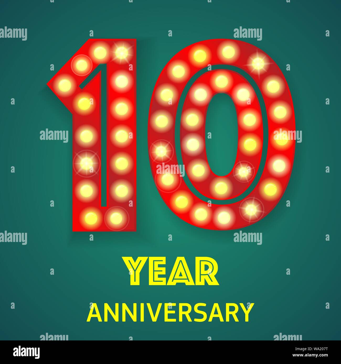 Red number ten anniversary with yellow light bulbs Stock Vector Image ...