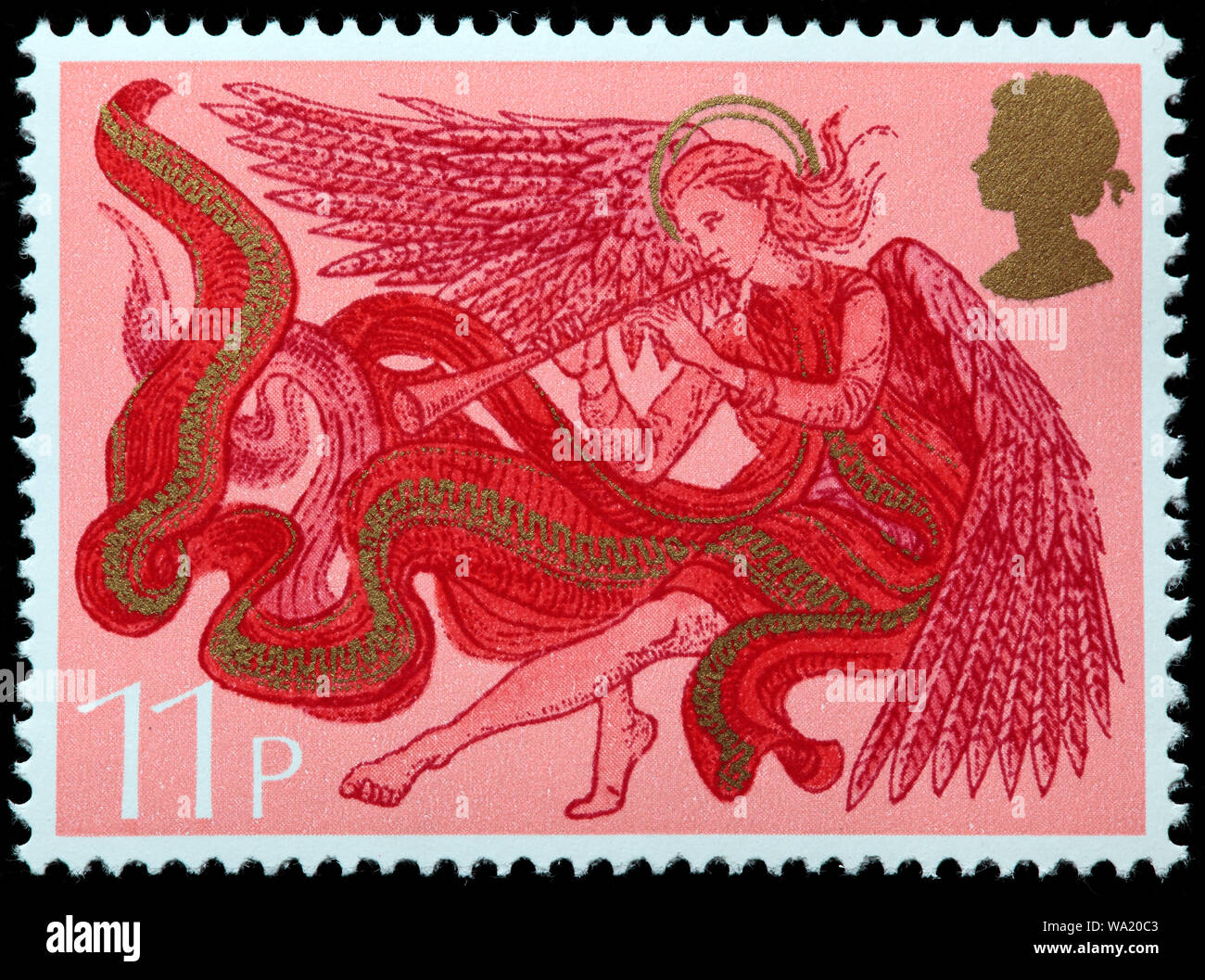 Angel with Horn, Happy Christmas, postage stamp, UK, 1975 Stock Photo ...
