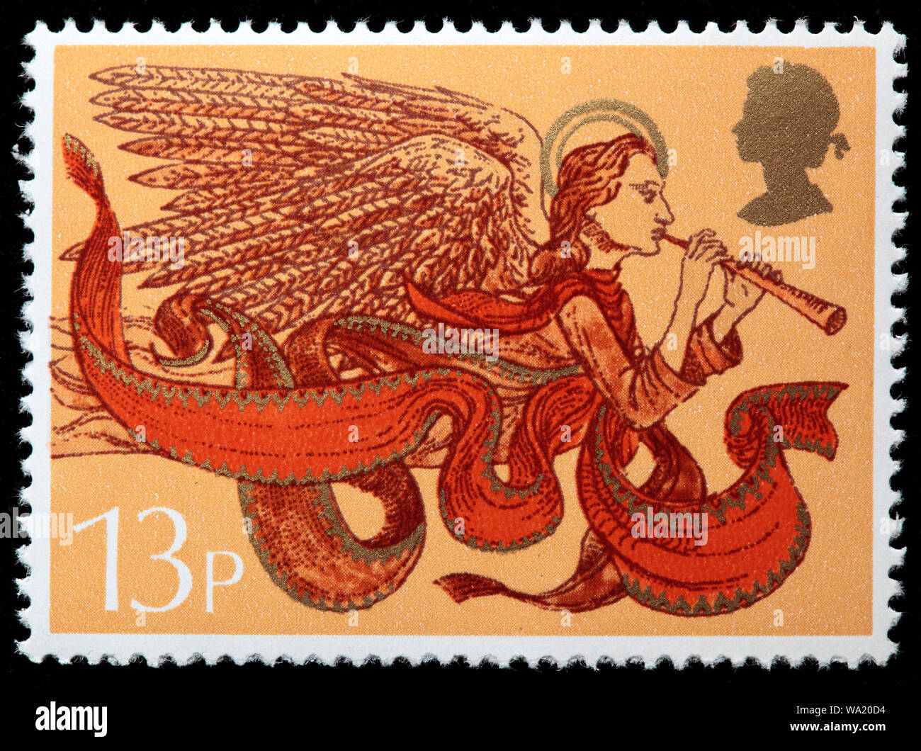 Angel with Trumpet, Happy Christmas, postage stamp, UK, 1975 Stock ...