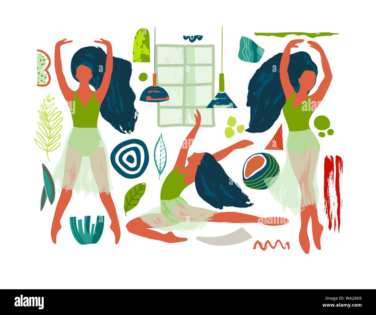 Ballet dancer girl icon set. Modern dance poses drawing. Abstract ...