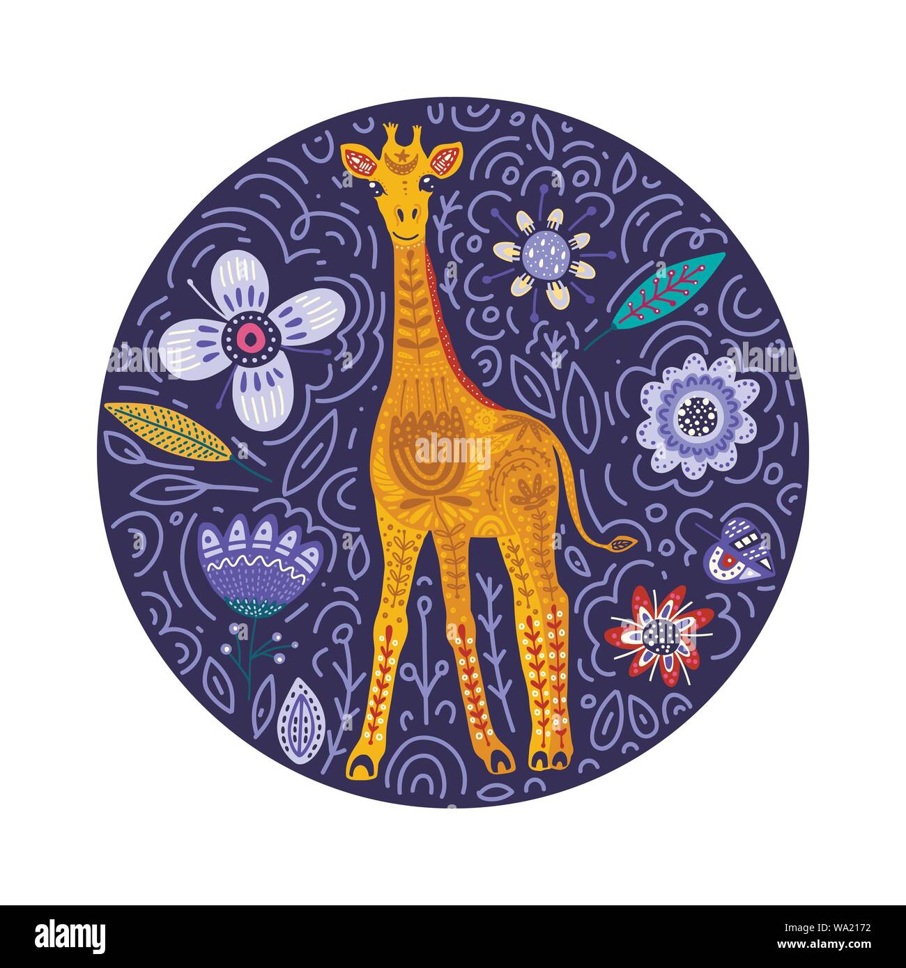 Cartoon giraffe vector flat illustration in scandinavian style. Round ...