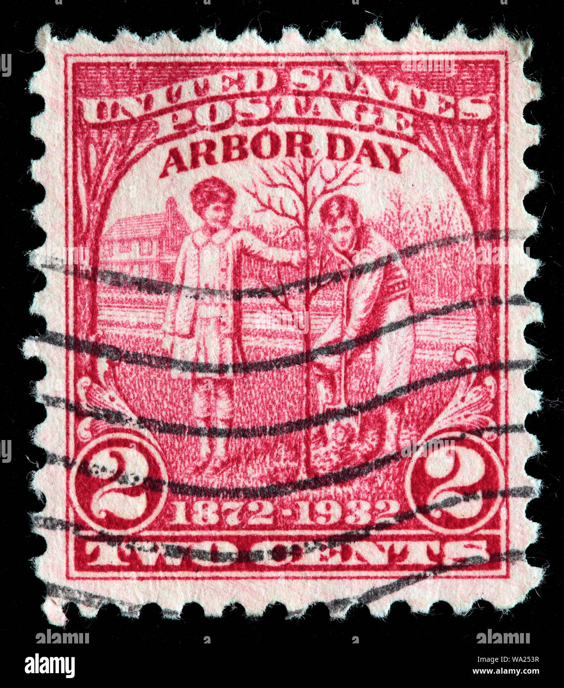 Boy and Girl Planting Tree, Arbor Day, postage stamp, USA, 1932 Stock ...