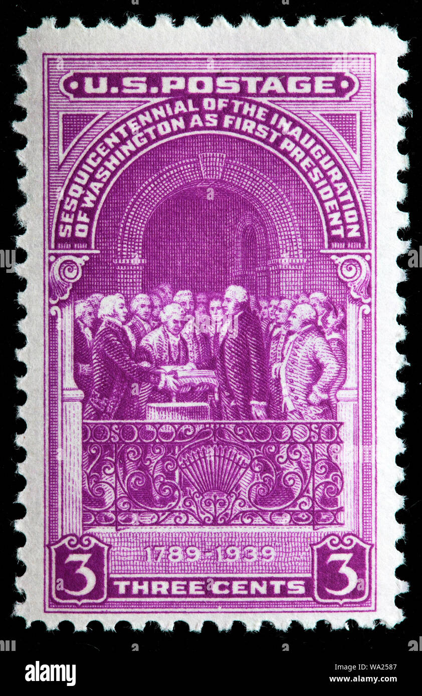 Washington Taking Oath of Office, 1789, postage stamp, USA, 1939 Stock ...
