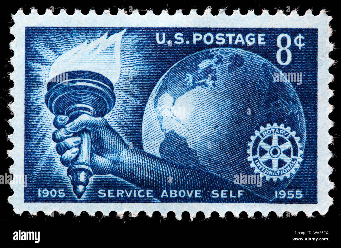 Torch, Globe, Rotary International Emblem, postage stamp, USA, 1955 ...
