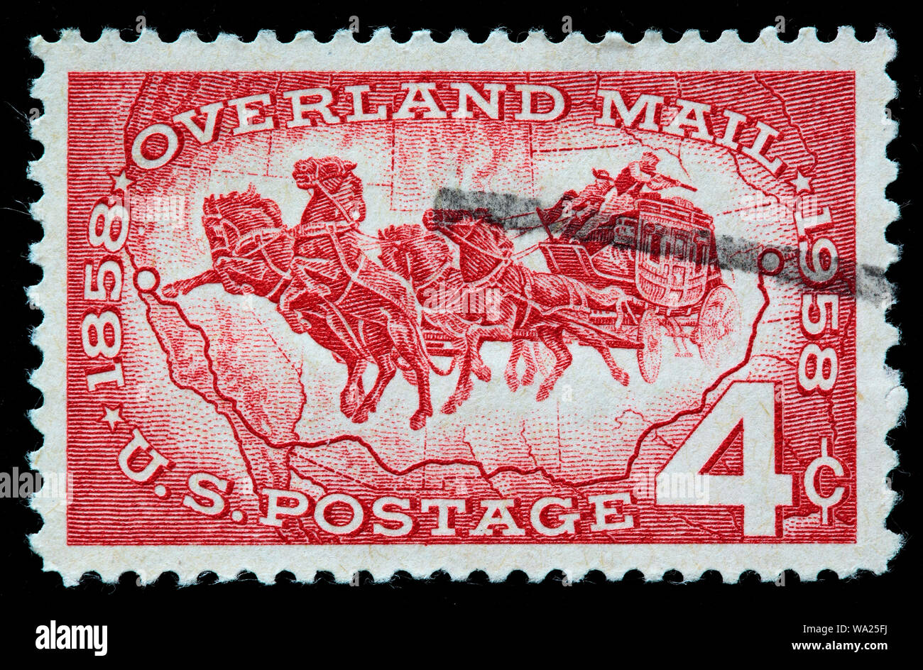 Mail Coach, Map, Overland Mail, postage stamp, USA, 1958 Stock Photo ...