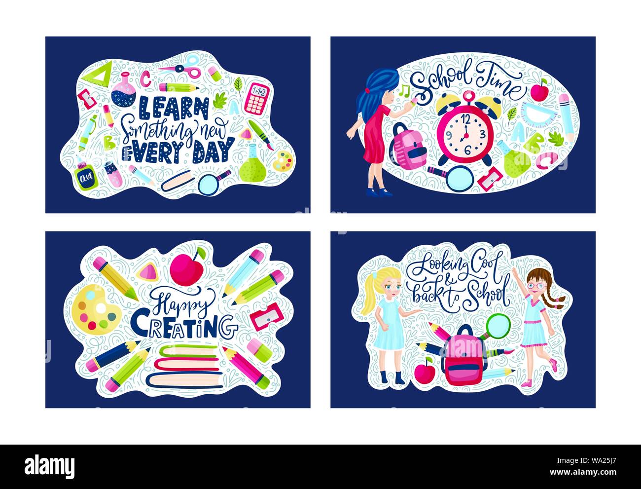 Vector school card set. Back to school poster collection with education ...
