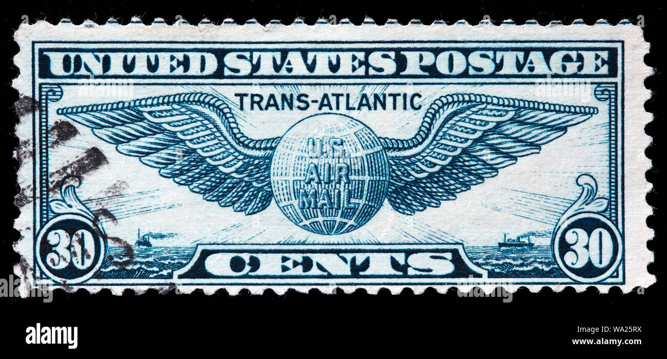 Winged Globe, Transatlantic Air mail, postage stamp, USA, 1939 Stock ...