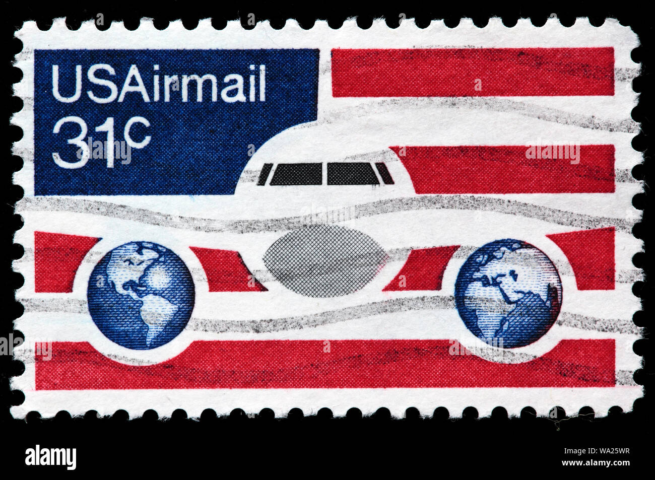 Plane, Globes, Flag, Air mail, postage stamp, USA, 1976 Stock Photo - Alamy