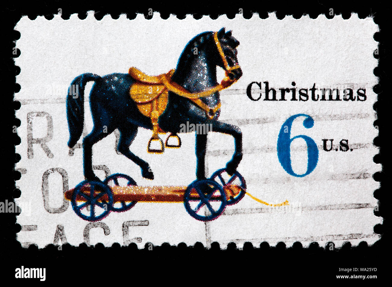 Happy Christmas, Toy Horse on Wheels, postage stamp, USA, 1970 Stock ...
