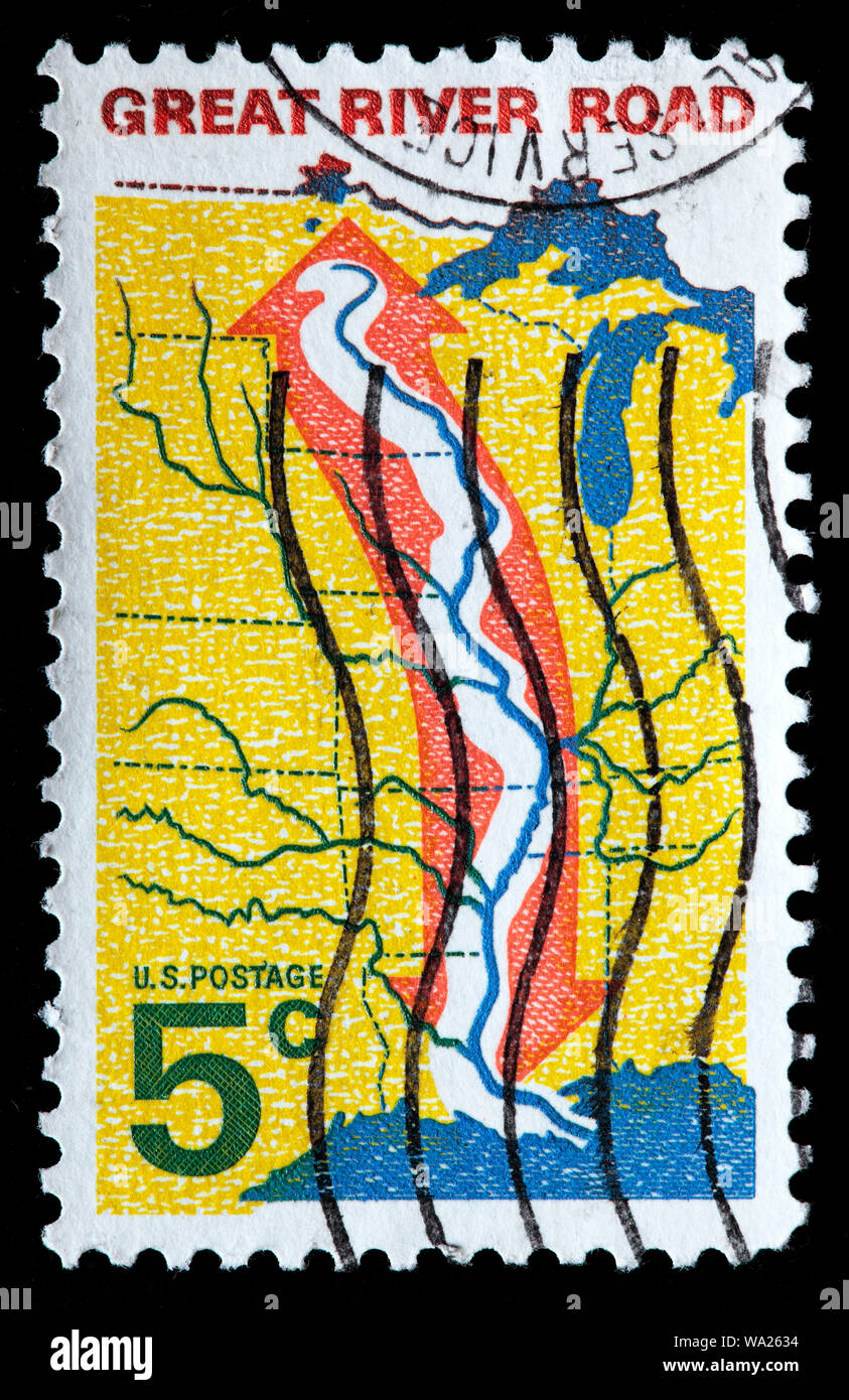 Great river road, Mississippi River, postage stamp, USA, 1966 Stock ...