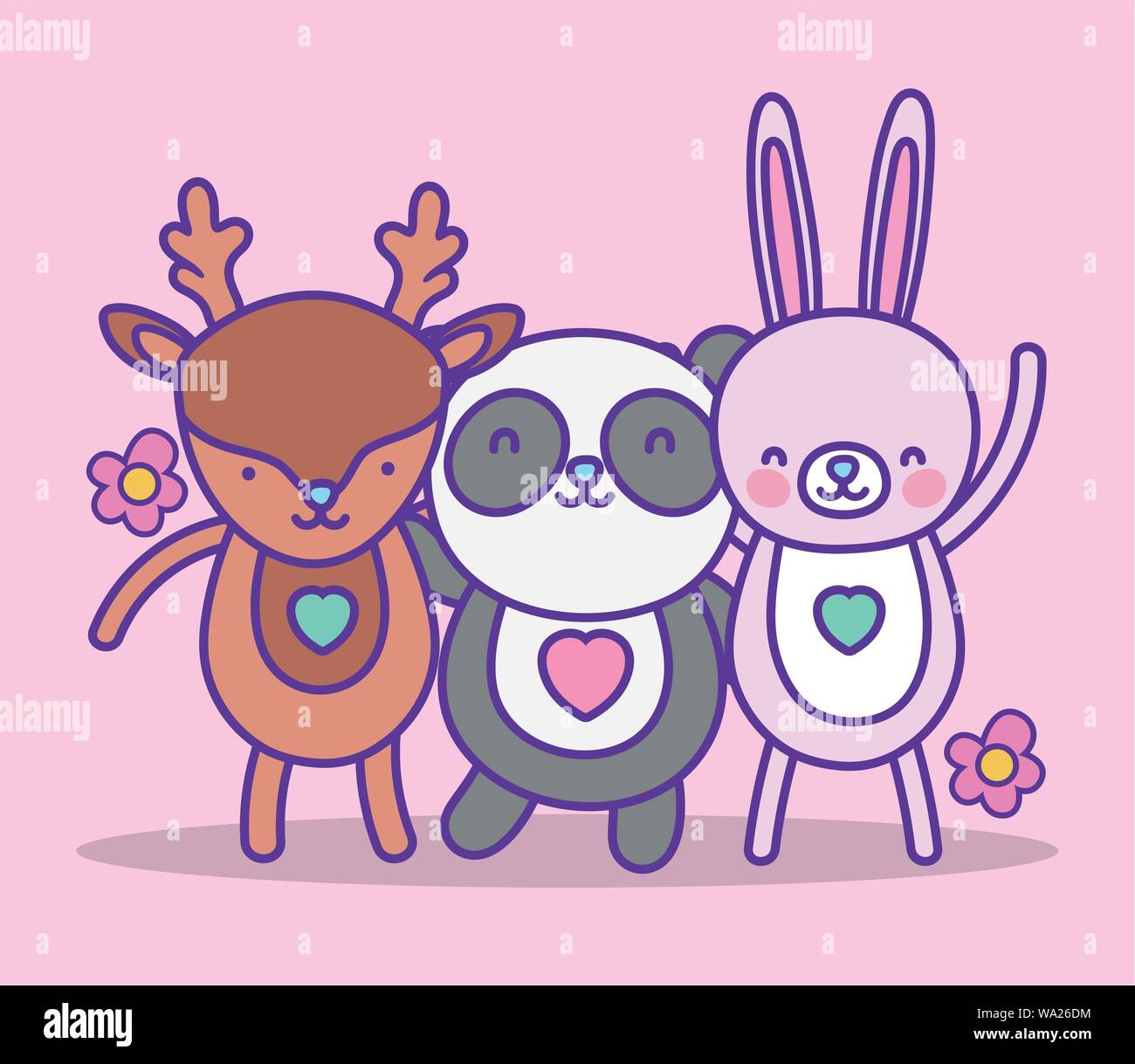 cute animals deer panda and rabbit cartoon flat design vector ...