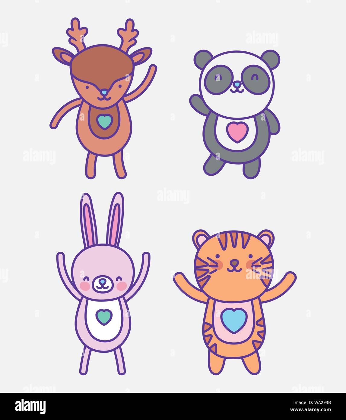 cute animals deer rabbit tiger panda cartoon flat design vector ...